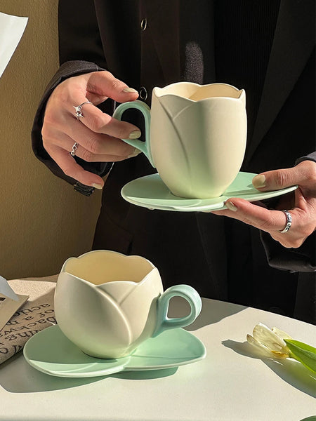 Ceramic Tulip Cups Mug Saucers Suits with Tray Flower-shaped Coffee Cu – Ikeehome