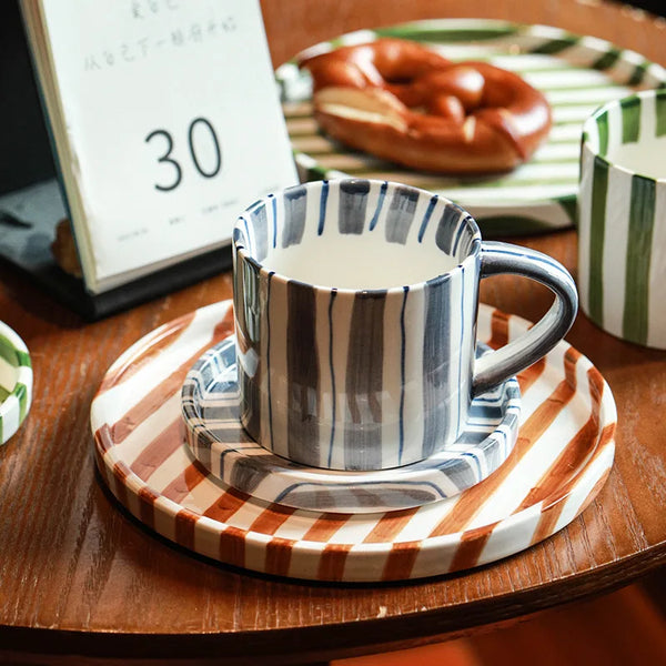 200ml Hand Drawn Striped Ceramic Mug Office Coffee Cup with Cups and P – Ikeehome