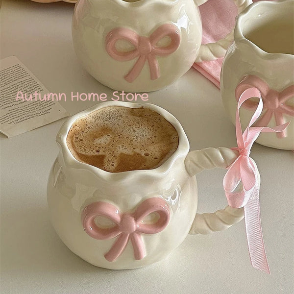 Irregular Handmade Relief Pink Bow Coffee Ceramic Cup Gift Water Cup K – Ikeehome