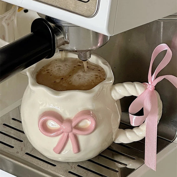 Irregular Handmade Relief Pink Bow Coffee Ceramic Cup Gift Water Cup K – Ikeehome