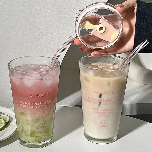 Cute Glass Cup With Straw And Lid Letter Tumbler 450ml Iced Coffee Jui – Ikeehome