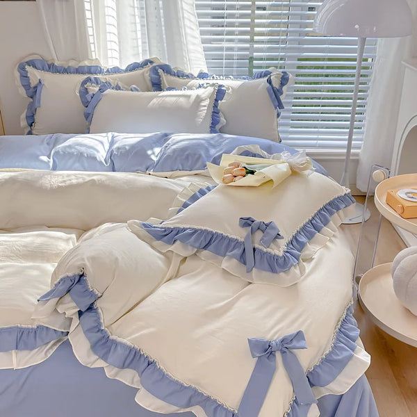 Princess Korean Style Bedding Set with Bow Pink Blue Girls Double Quee ...