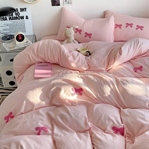 Cute Pink Bows Duvet Cover Set, 3D Embroidery Bedding Sets Pink Bed Se ...