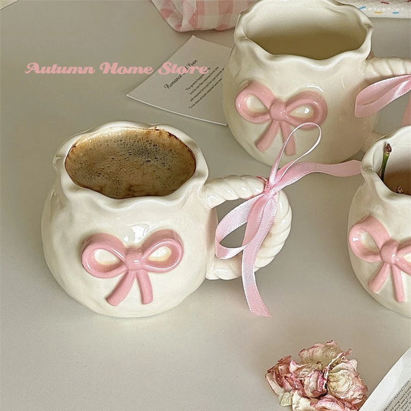 Irregular Handmade Relief Pink Bow Coffee Ceramic Cup Gift Water Cup K – Ikeehome