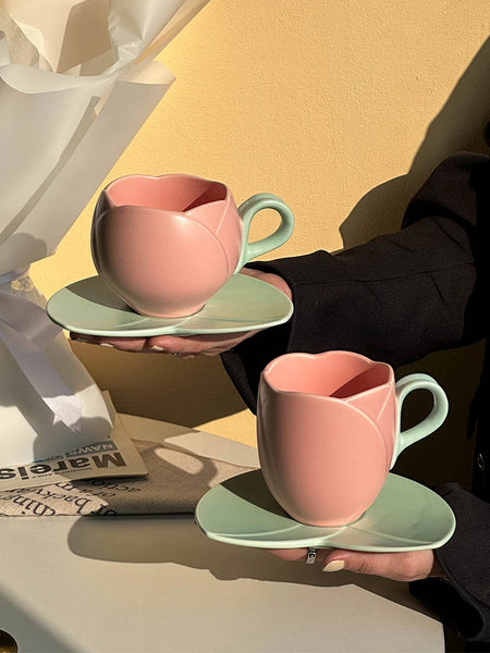 Ceramic Tulip Cups Mug Saucers Suits with Tray Flower-shaped Coffee Cu ...