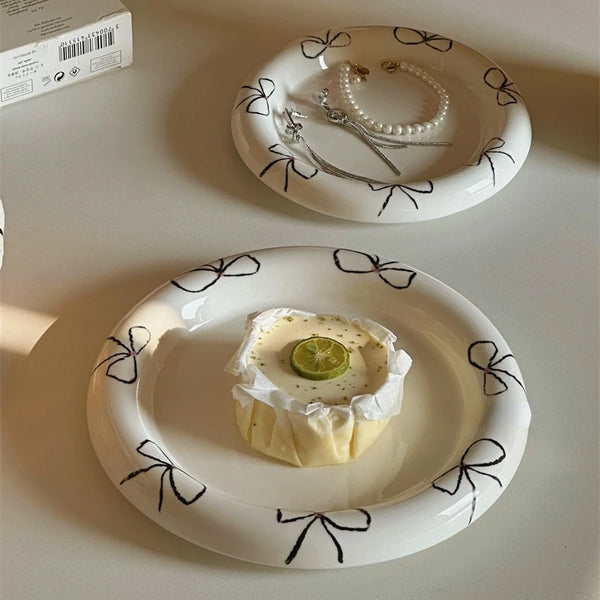 Hand Drawn Butterfly Bow White Dudu Plate Dessert Jewelry Storage Cera ...