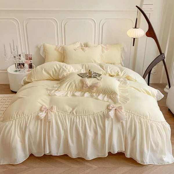 Korean Princess Lace Bow Bedding Set Beauty Solid Color Lace Ruffle Qu – Ikeehome