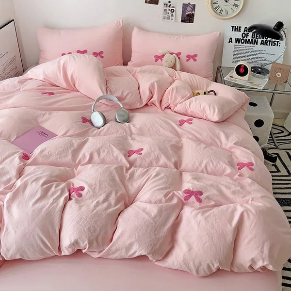 Cute Pink Bows Duvet Cover Set, 3D Embroidery Bedding Sets Pink Bed Se ...