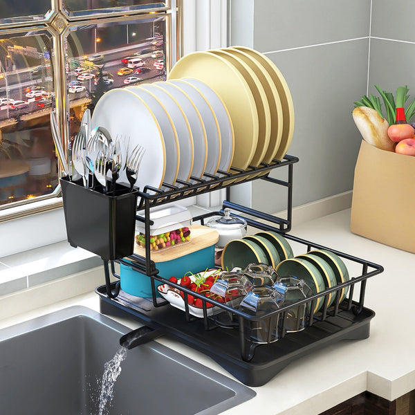 Double-layer Metal Kitchen Dish Bowl Drying Rack with Drainboard Dish ...